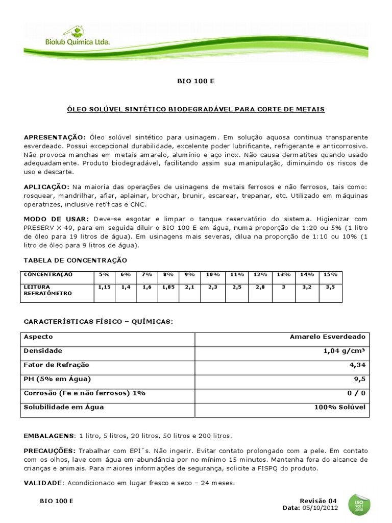 Oleo Bio100e | PDF | Solubilidade | Substancias químicas