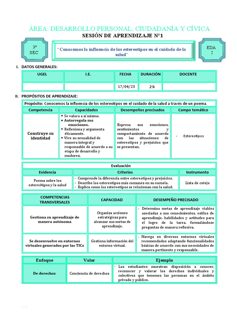 3° Sesión de Aprendizaje Sesión1-Sem.1-Exp.2 - DPCC | PDF | Aprendizaje | Estereotipos