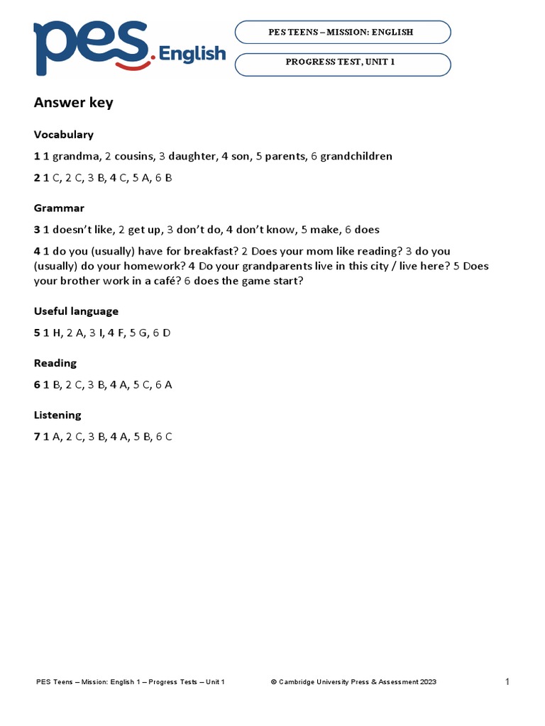 Mission English 1, Unit 1 Test, Answer Key | PDF