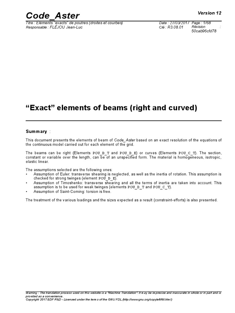Code - Aster: "Exact" Elements of Beams (Right and Curved) | PDF | Beam ...