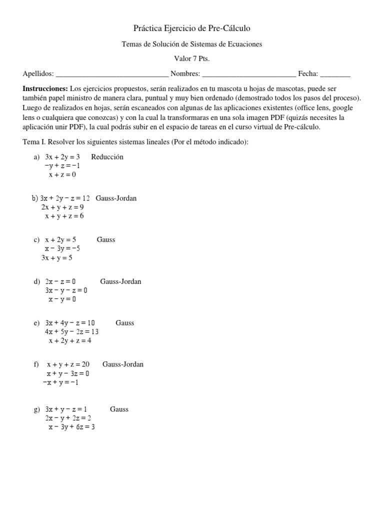Práctica Ejercicio de Precalculo Sistemas de Ecuaciones. 2022 | PDF
