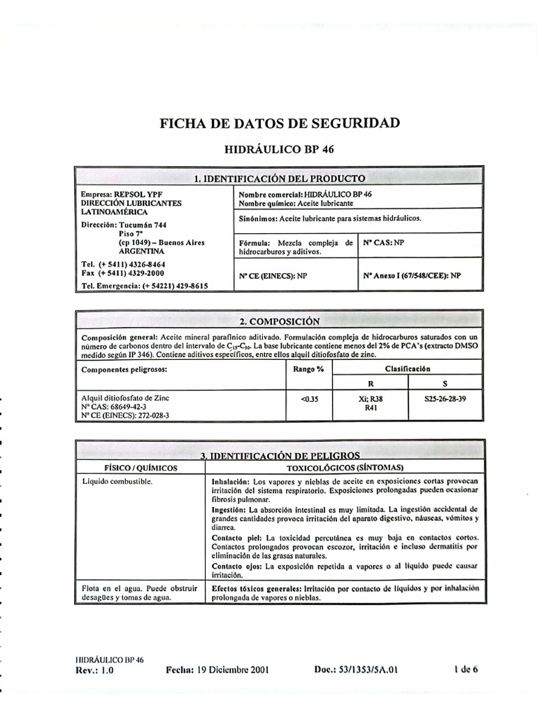 Ficha de Seguridad - Hidraulico BP 46 | PDF