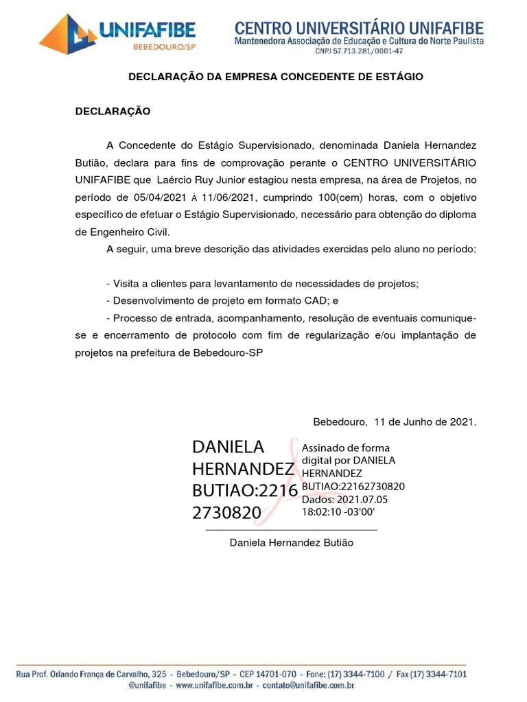 Declaração Da Empresa Concedente de Estágio - Laércio Ruy Junior | PDF