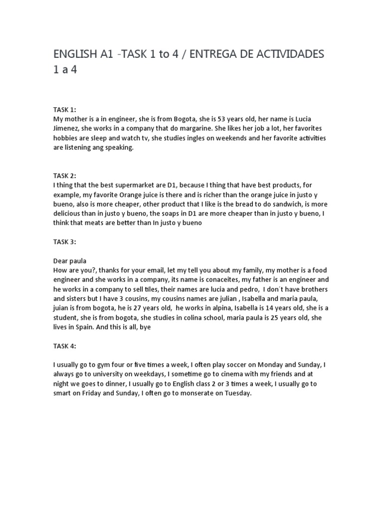 ENGLISH A1, Task 1 To 4 | PDF