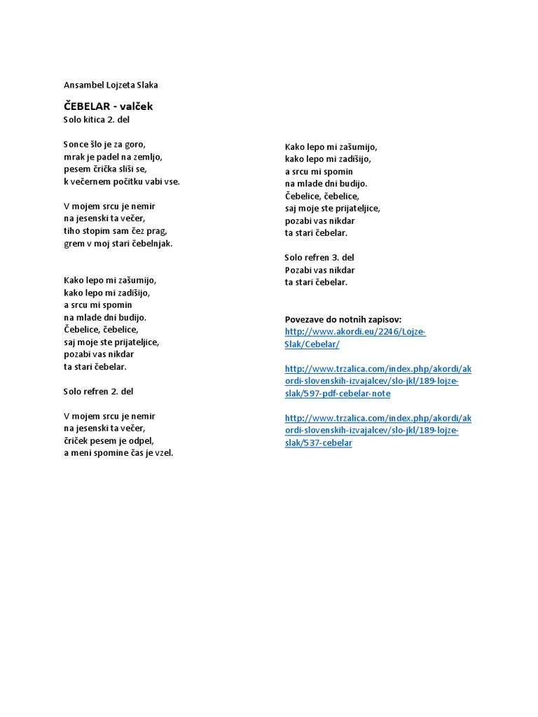 Besedilo Slakove Pesmi - Cebelar | PDF