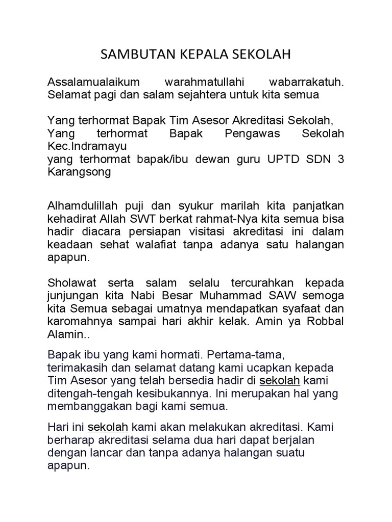 Sambutan Kepala Sekolah Pdf