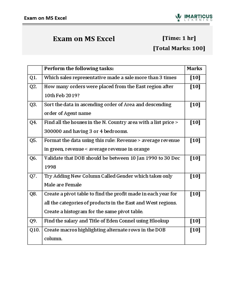 Excel Exam Paper | PDF