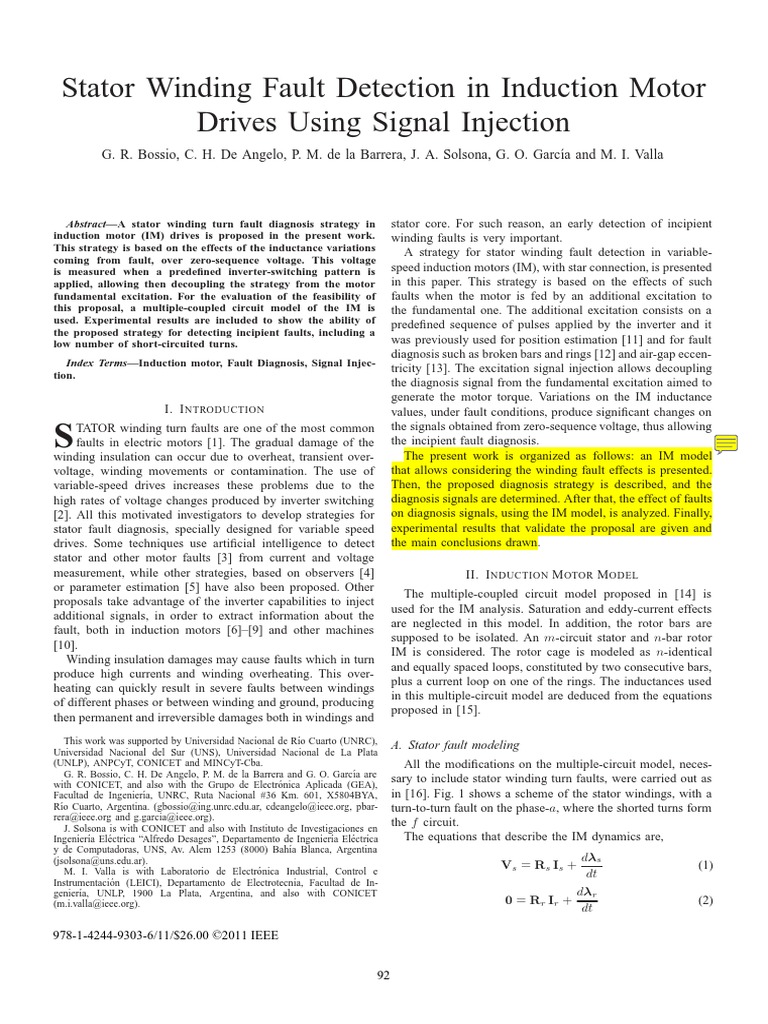 Stator Winding Fault Detection In Induction Motor Drives Using Signal Injection Pdf Electric