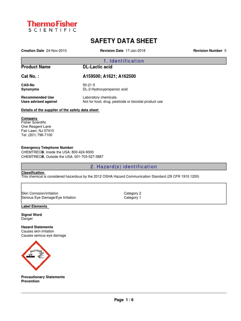 DL-Lactic Acid Safety Data Sheet | PDF | Personal Protective Equipment ...