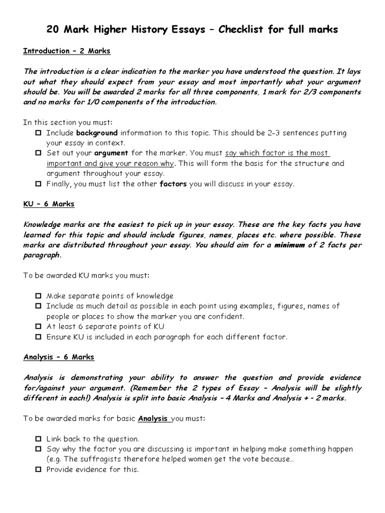 20 Mark Higher History Essays Checklist | PDF | Essays | Knowledge