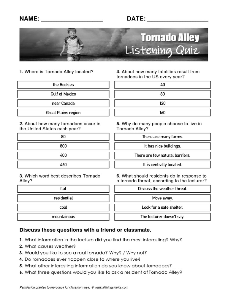 Tornado Alley Listening Quiz-230304 | PDF | Tornadoes | Weather
