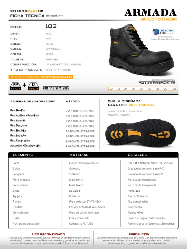 Ficha Técnica Botas Armada NOM-113 | PDF | Materiales