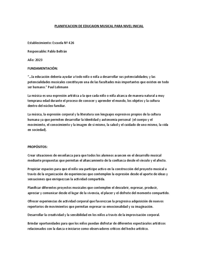 Planificacion de Educacion Musical para Nivel Inicial | PDF | Canciones | Ritmo
