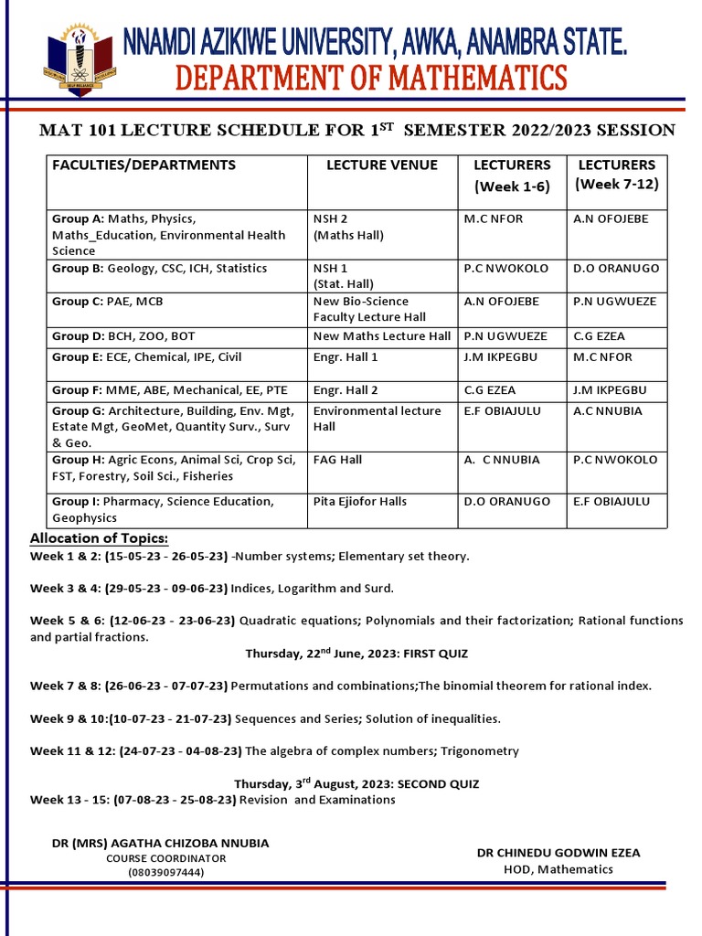 MAT 101 Lecture Schedule 2022/2023 | PDF | Mathematics | Algebra