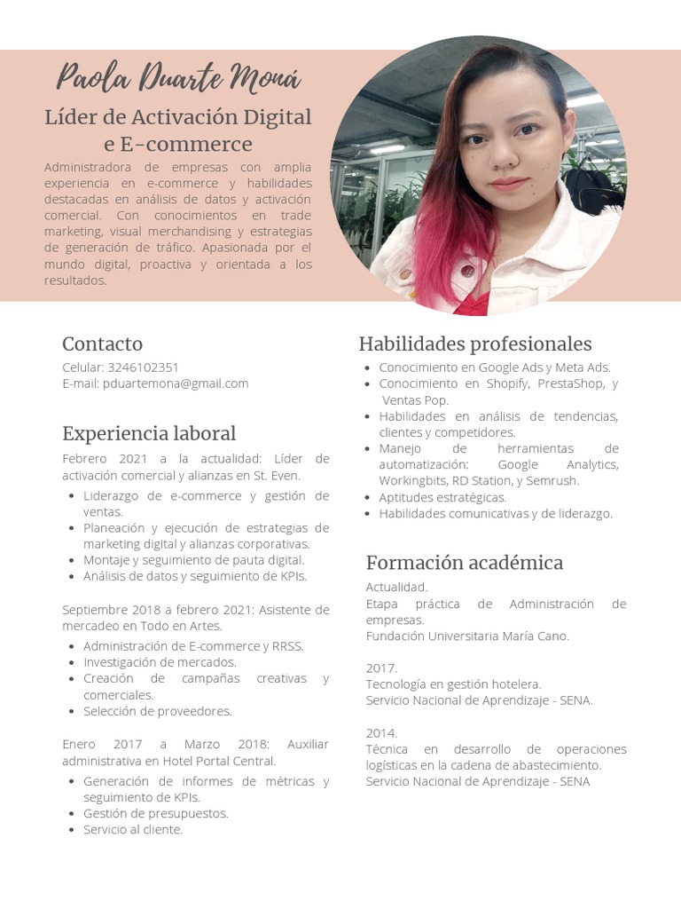 CV - Paola Duarte Moná | PDF | Marketing | Comercio electrónico