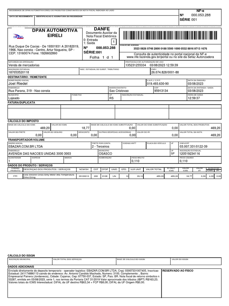 Dpan Automotiva Eireli Danfe: #Série | PDF | Recibo | Gestão da cadeia de suprimentos