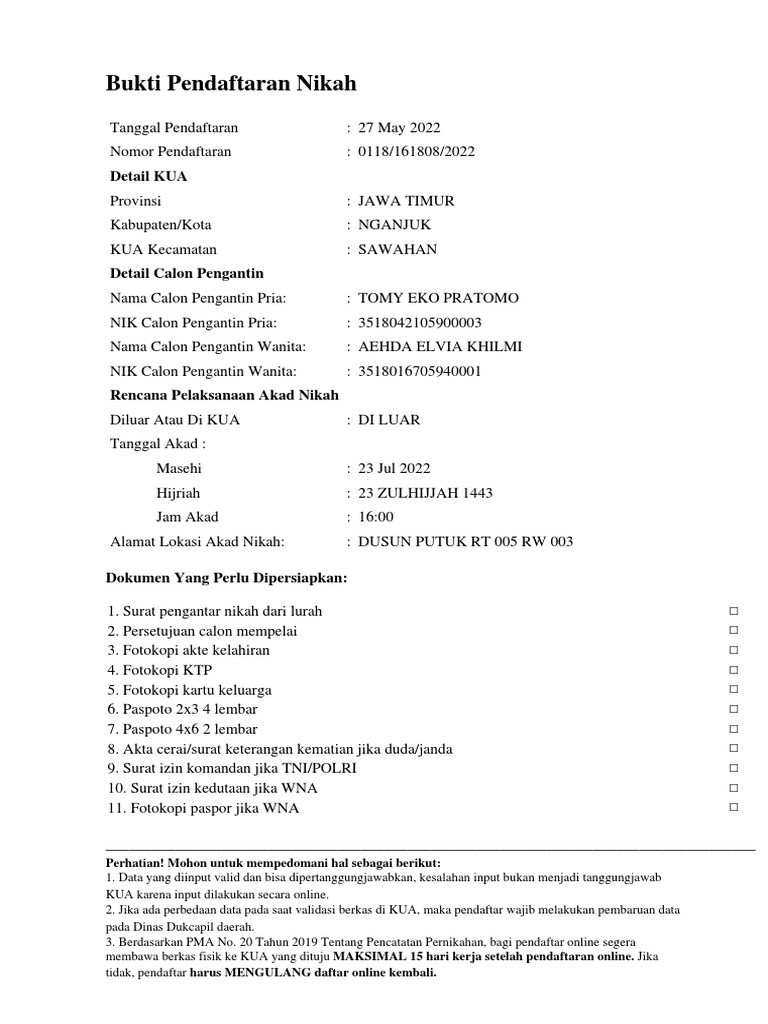 Checklist Daftar Nikah | PDF