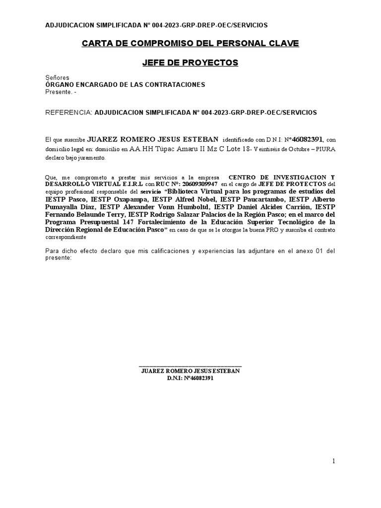 Pasco Carta de Compromiso Del Personal Clave | PDF
