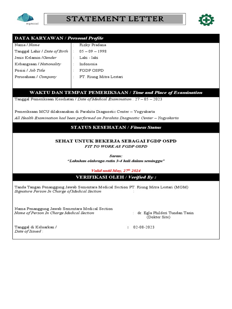 Surat Keterangan Sehat Rizky Pradana | PDF