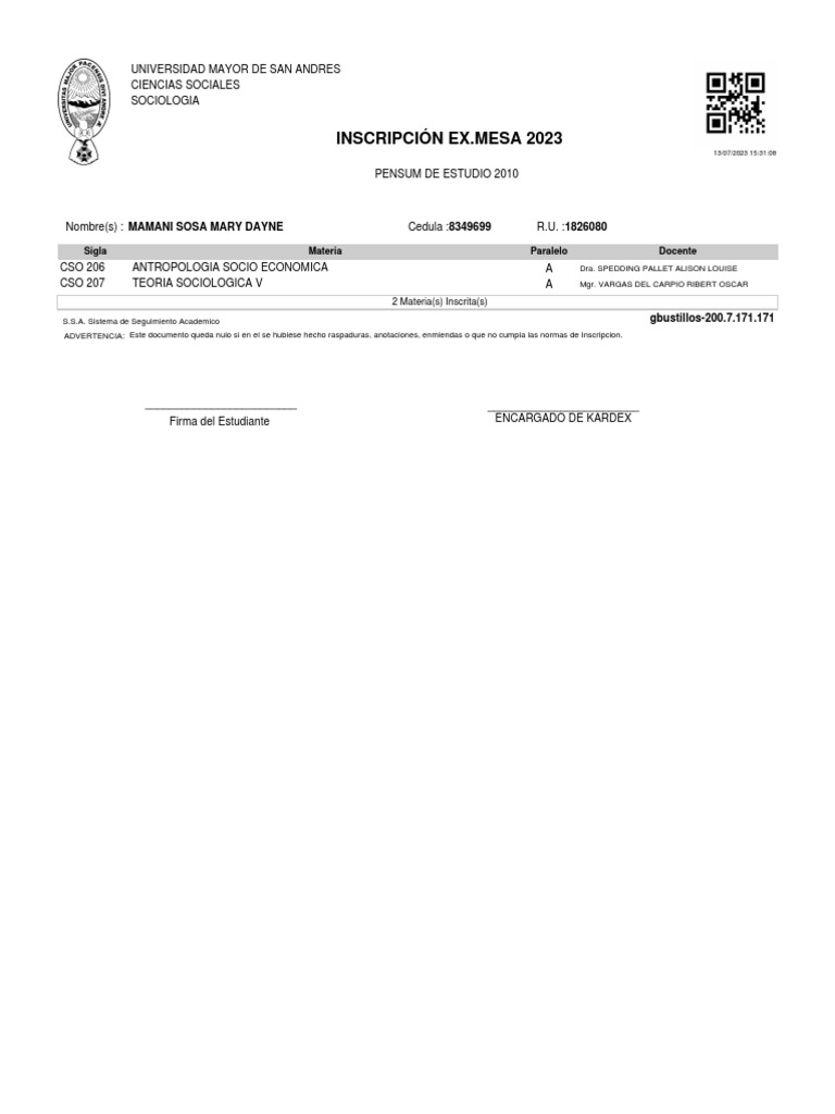 Boleta de Examen de Mesa | PDF