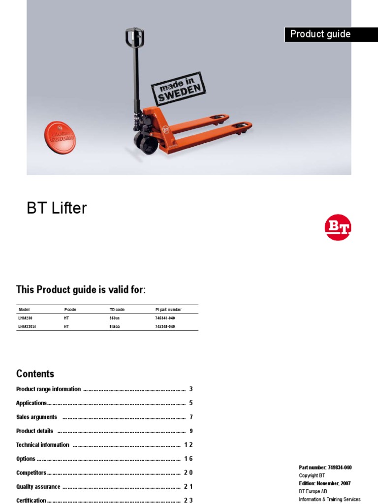 BT Lifter - LHM230 | PDF | Elevator | Pallet