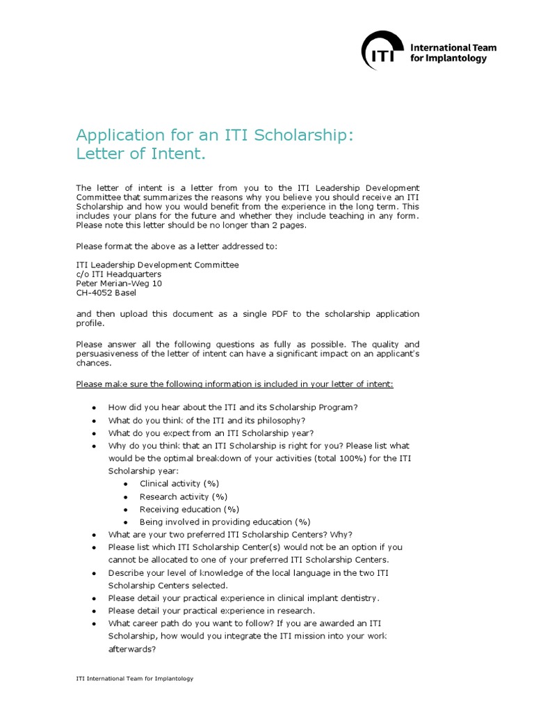 ITI Scholarship Application Letter of Intent 2020 | PDF