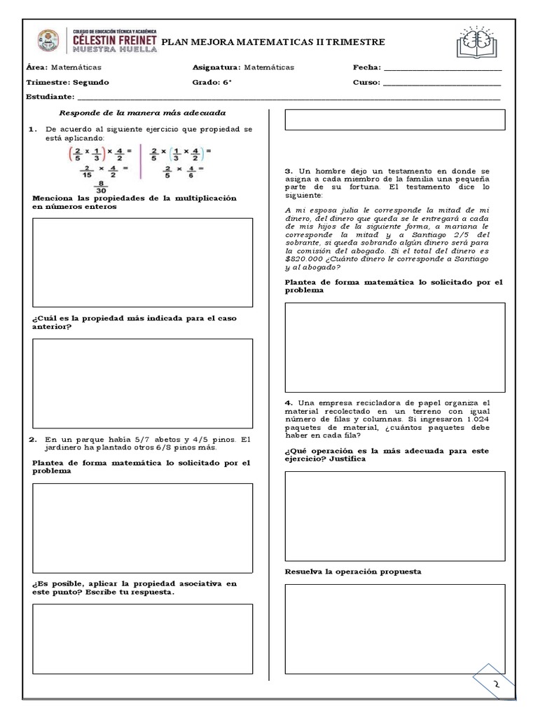 6° Plan Mejoramiento Matemáticas | PDF