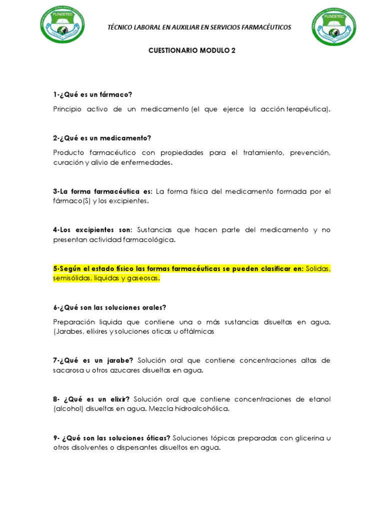 Cuestionario Segundo Modulo | PDF | Tableta (Farmacia) | Medicamentos con receta