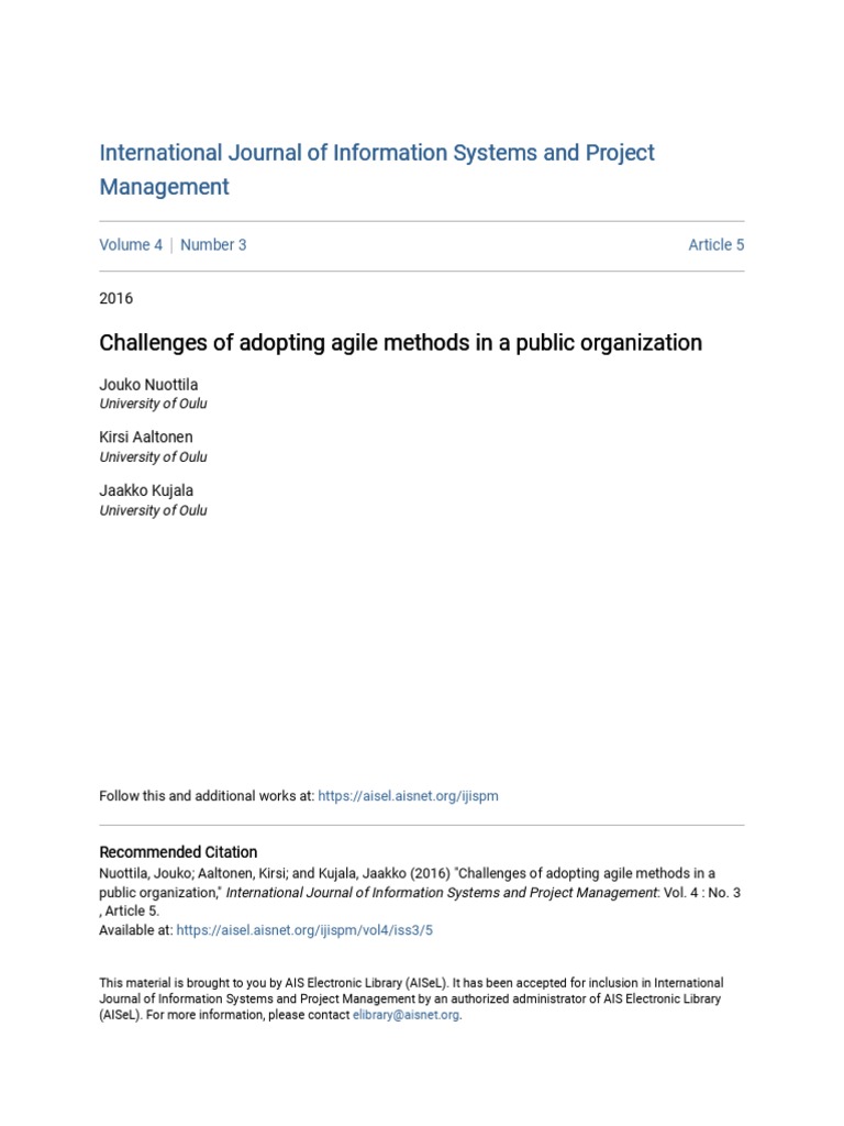 Challenges of Adopting Agile Methods in A Public Organization | PDF ... Challenges of Adopting Agile Methods in A Public Organization | PDF ...