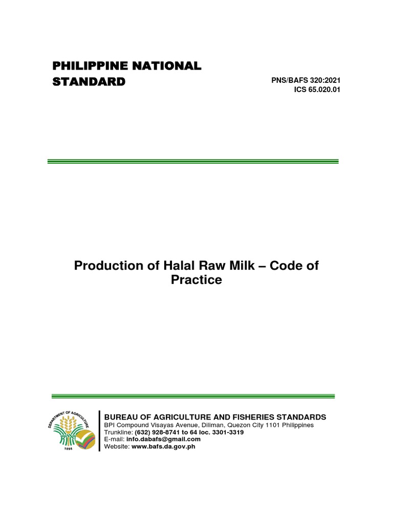 PNS BAFS320 2021 Production of Halal Raw Milk Code of Practice | PDF ...