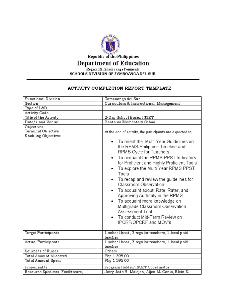 Completion Report On School Based INSET 2023 | PDF | Career & Growth ...