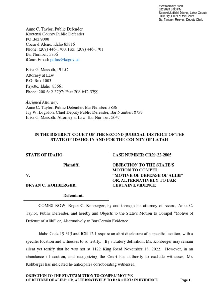 Objection States Motion To Compel Motive of Defense of Alibi ...