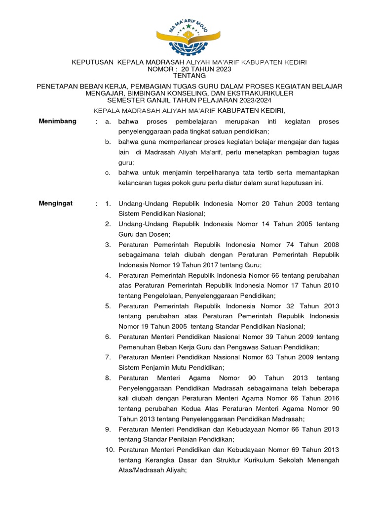 SK Beban Kerja Ganjil TP 2023-2024 | PDF