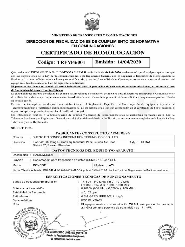 Certificado de Homologacion At4 | PDF