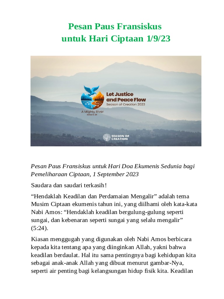 Pesan Paus Fransiskus Untuk Hari Ciptaan 2023-1 | PDF
