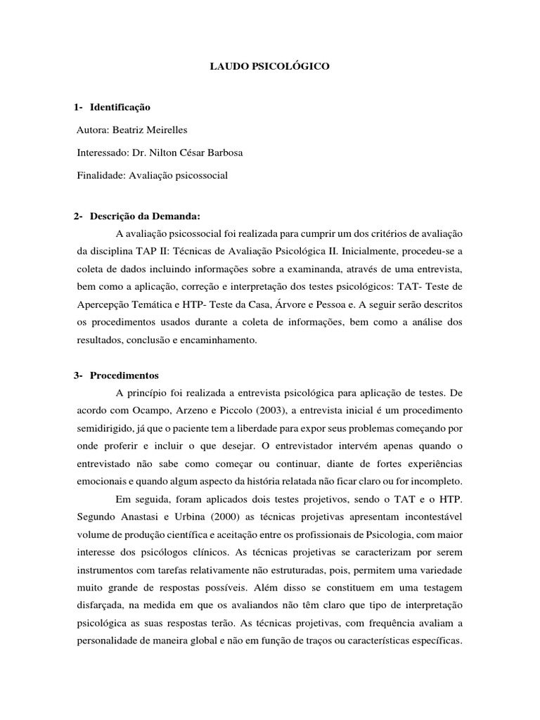 Modelo Laudo Psicológico | PDF | Psicologia | Emoções