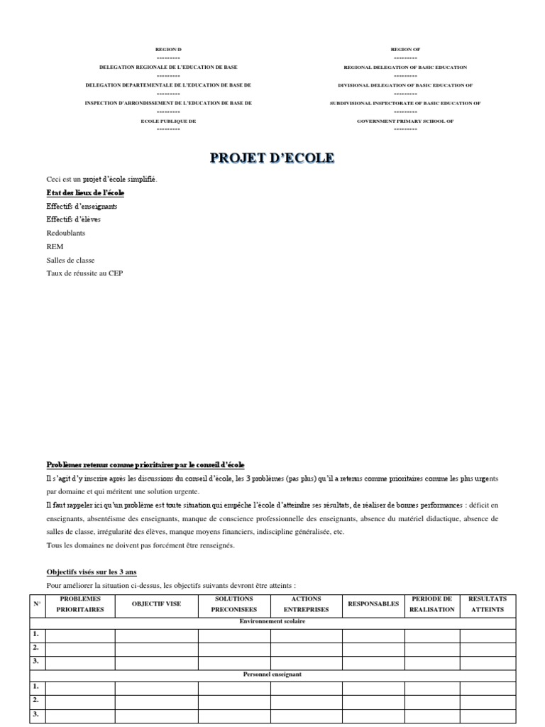 Projet d'école simplifié et priorités | PDF | Apprentissage