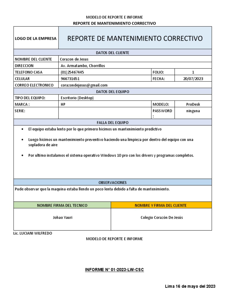 reporte de mantenimiento correctivo | PDF