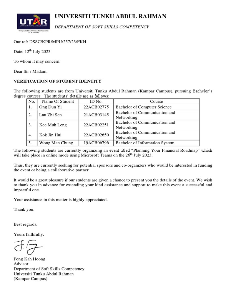 257-23 Student Verification Letter | PDF