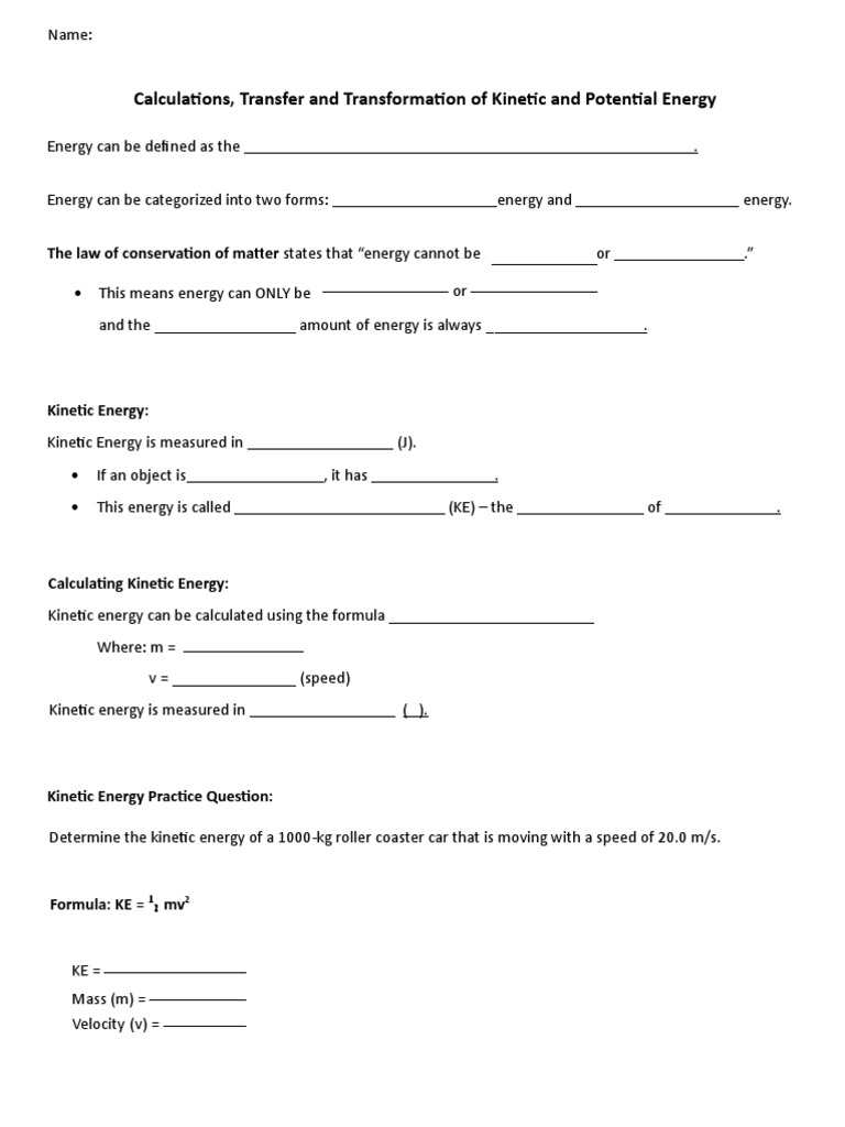 Kinetic and Potential Energy Worksheet | PDF