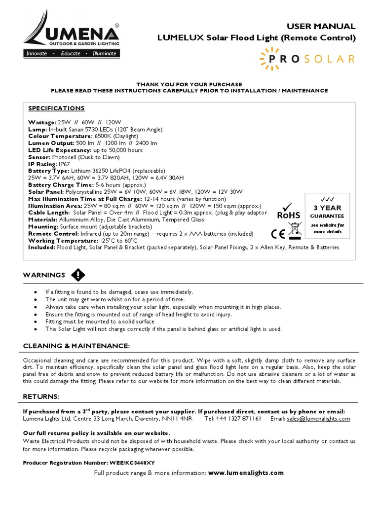 Lumelux Solar Flood Light Manual | PDF | Electrical Connector | Solar Panel
