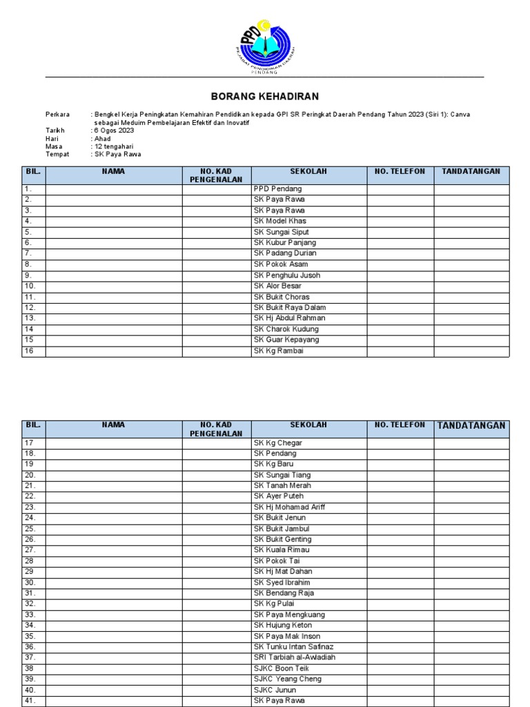 BORANG KEHADIRAN Kosong | PDF