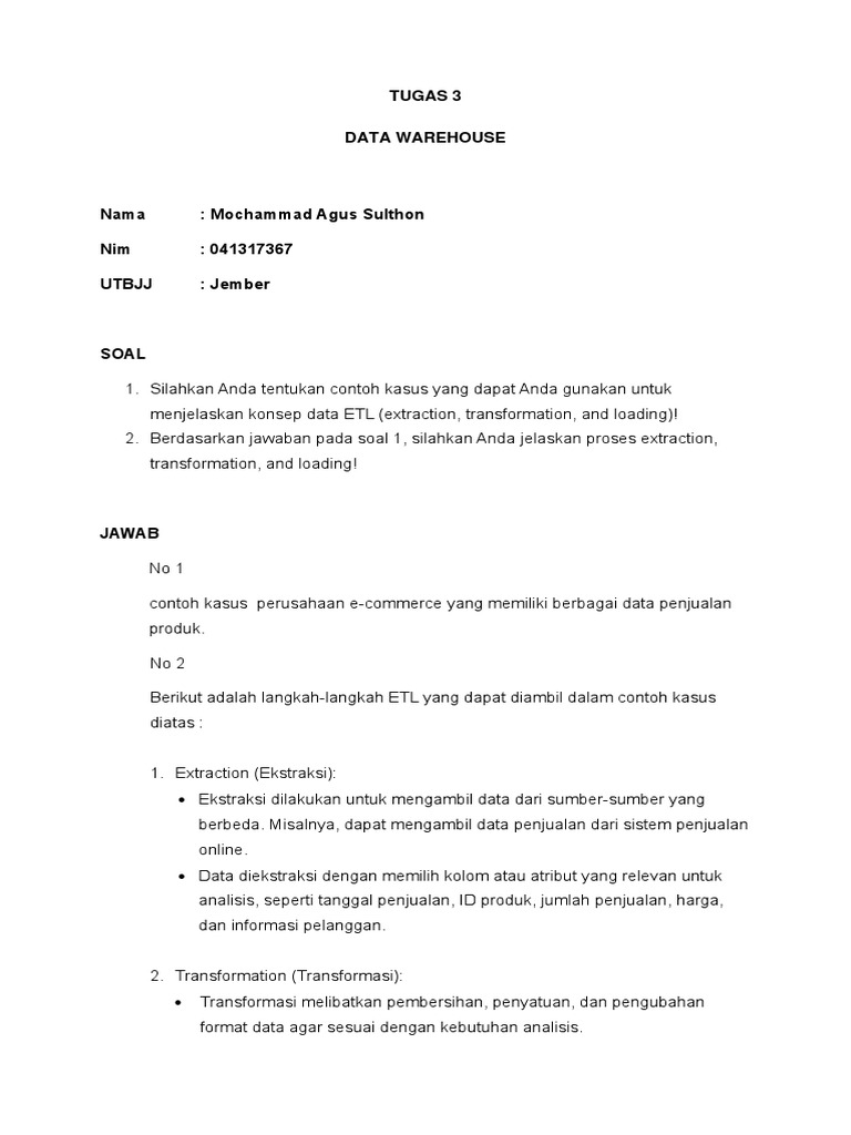 TUGAS 3 Data Warehouse Mochammad Agus Sulthon | PDF | Komputer
