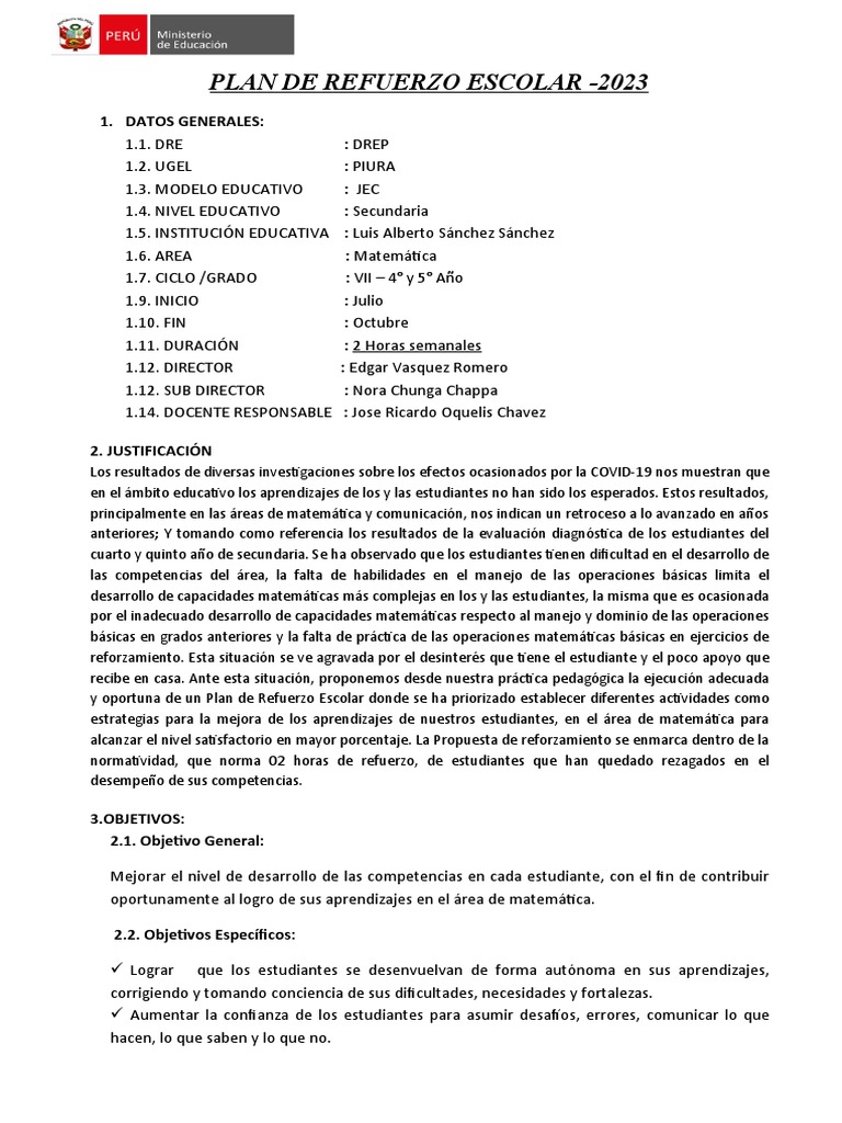 Esquema Modelo de Plan de Refuerzo Escolar-Aula-2023 | PDF | Ecuaciones | Evaluación