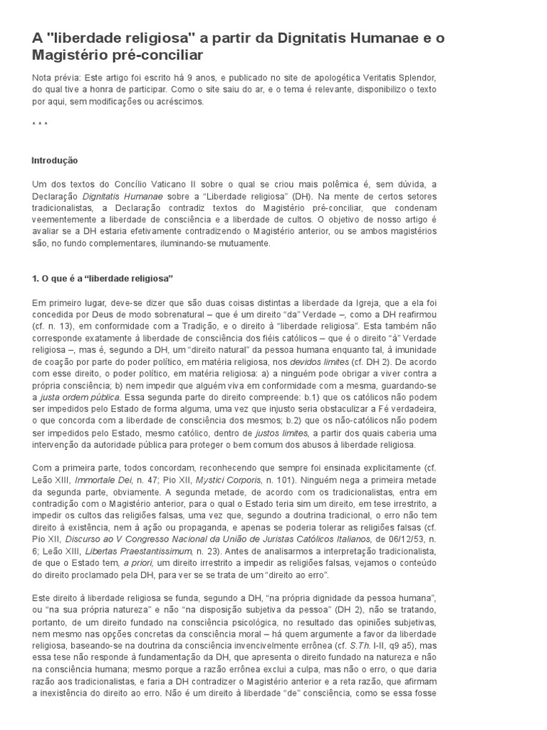 Liberdade Religiosa e Dignitatis Humanae | PDF | Igreja católica ...