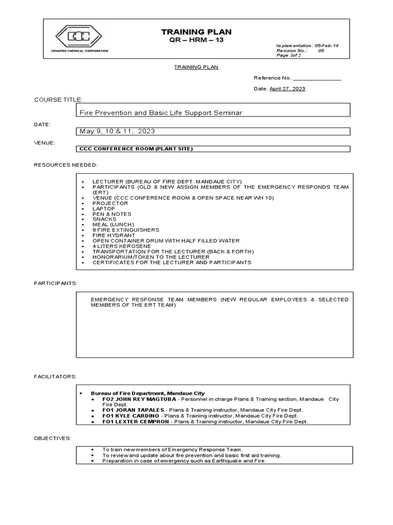 3.0 TRAINING PLAN FIRST AID AND FIRE PREVENTION May 2023 | PDF ...