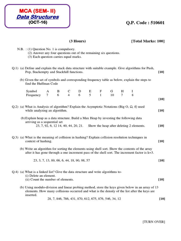 MCA Sem II OCT 2016 NET | PDF | Algorithms And Data Structures | Computing