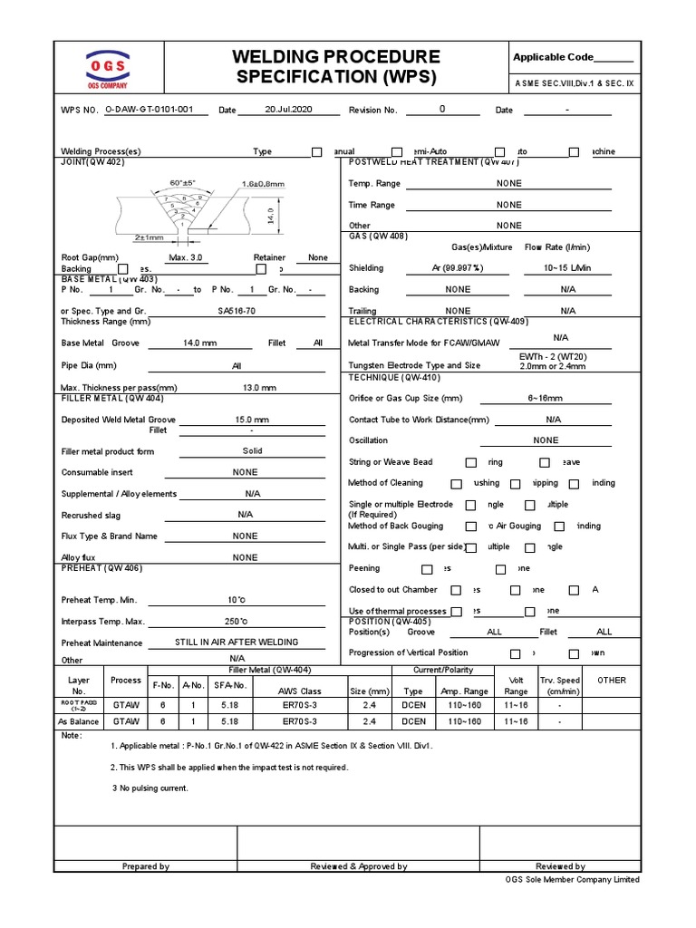 Welding Procedure Specification (WPS) : JOINT (QW 402) Postweld Heat ...