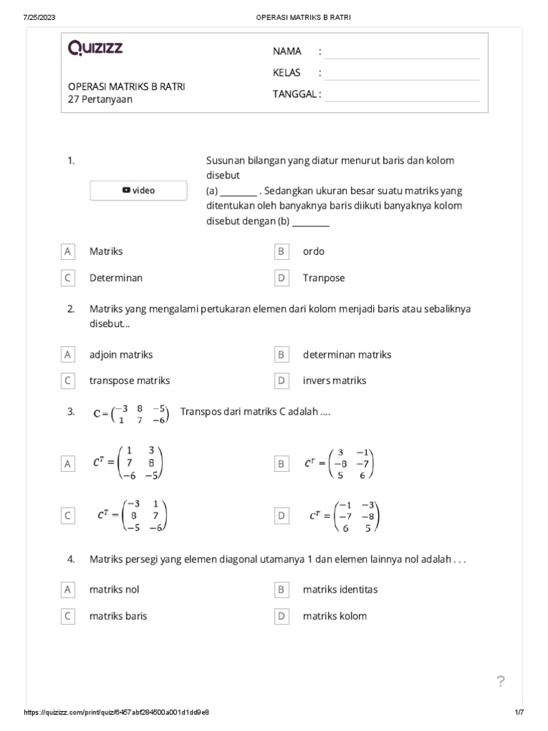 LATIHAN SOAL MATRIKS 3 | PDF