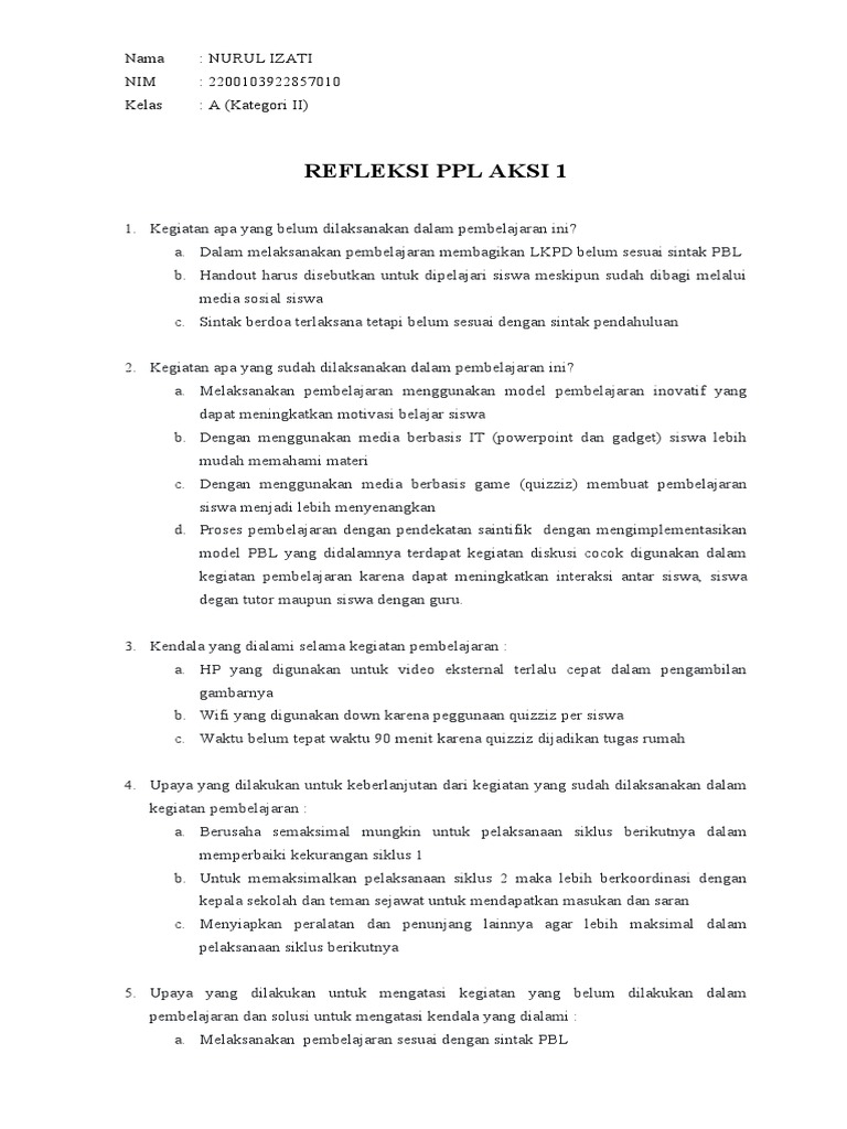 Refleksi PPL Aksi 1 Nurul Izati | PDF | Karier & Perkembangan | Komputer